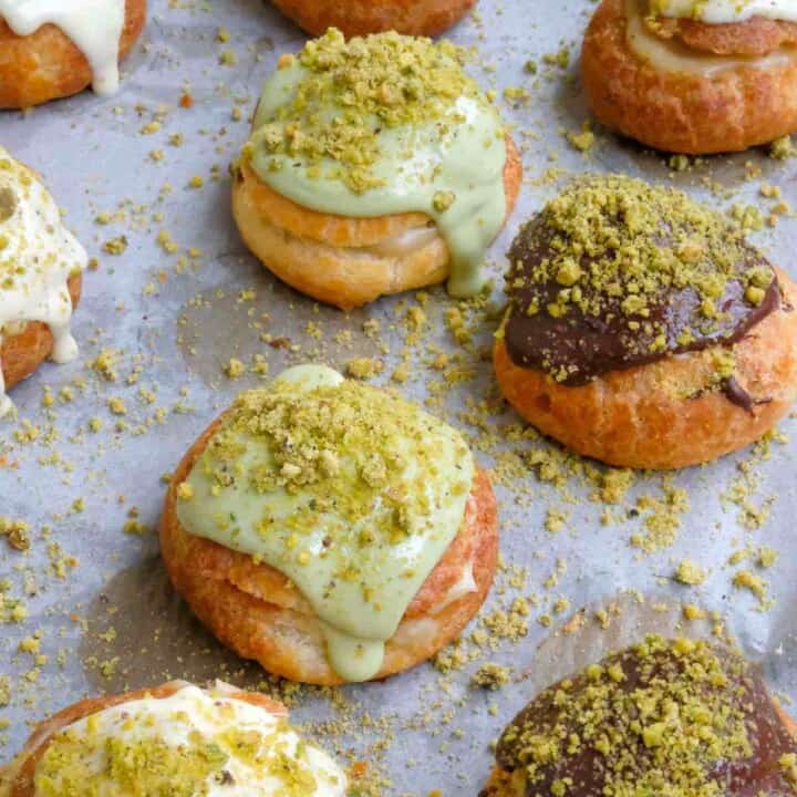 Easy Pistachio Cream Puffs with Chocolate Glaze - Cristina's Kitchen